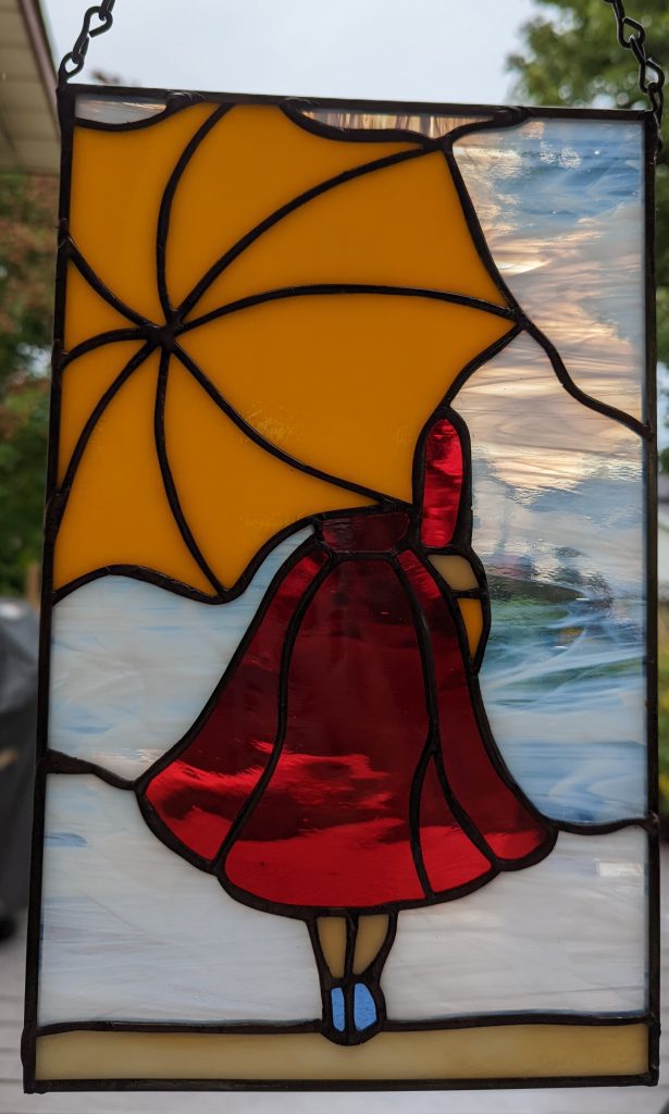 Elegant Lady In Red with Umbrella – Lyons Stained Glass Art